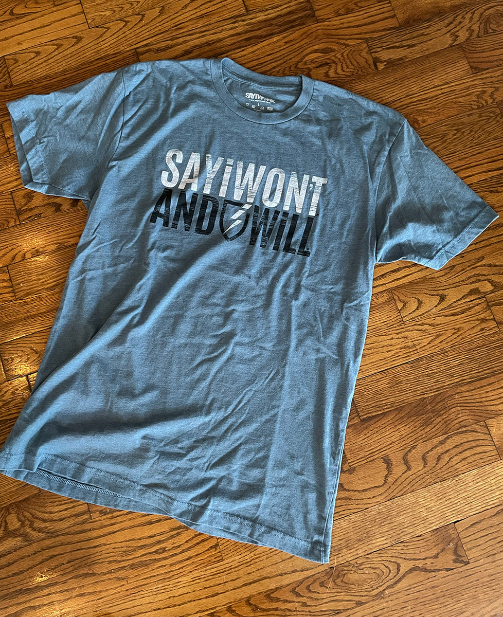 NEW! Stacked Creed Tee - Heather Slate Blue – SAYiWONT